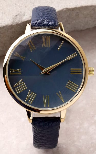 Time Can Tell Gold And Navy Blue Leather Watch - BestFashionHQ.com