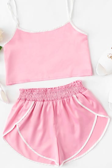 Cute Pink Contrast Trim Cami Top With Shorts - BestFashionHQ.com