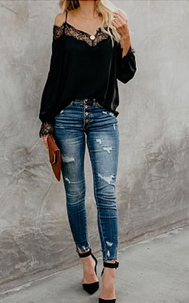 Black Spaghetti Straps Lace Patchwork Long Sleeve Blouse ...