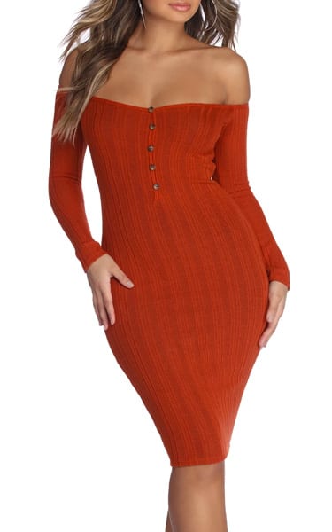 Rust Soft Touch Henley Sweater Dress - BestFashionHQ.com