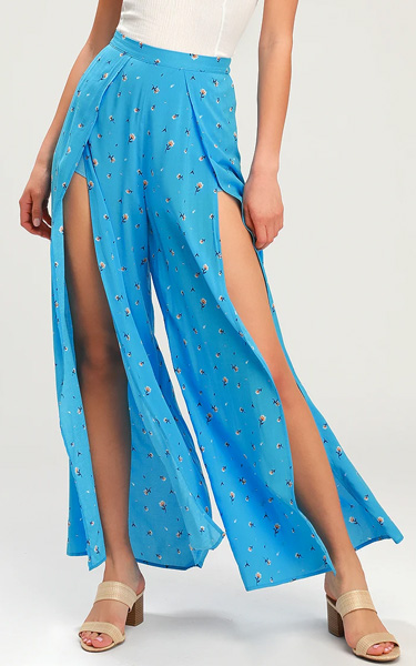 Sprout On the Town Light Blue Floral Print Tulip Pants - BestFashionHQ.com