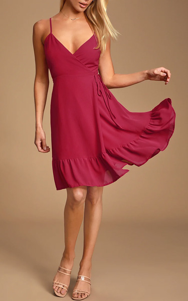 Castilla Burgundy Ruffled Wrap Dress - BestFashionHQ.com