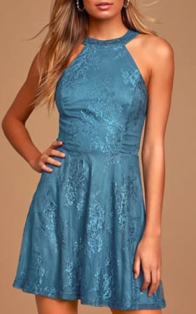 Truly Stunning Slate Blue Lace Skater Dress - BestFashionHQ.com