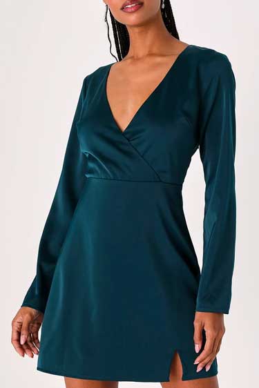 Inspired Confidence Dark Teal Satin Long Sleeve Mini Dress ...