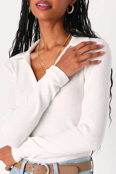Your Favorite Pick White Ribbed Long Sleeve Collared Sweater Top ...